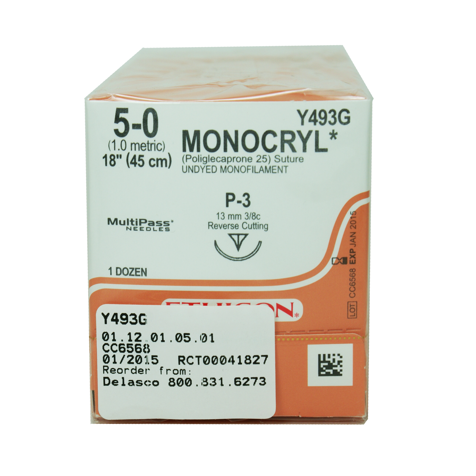 Ethicon Y493G Monocryl PGCL Monofilament 25 Suture, 5-0, Absorbable, P ...