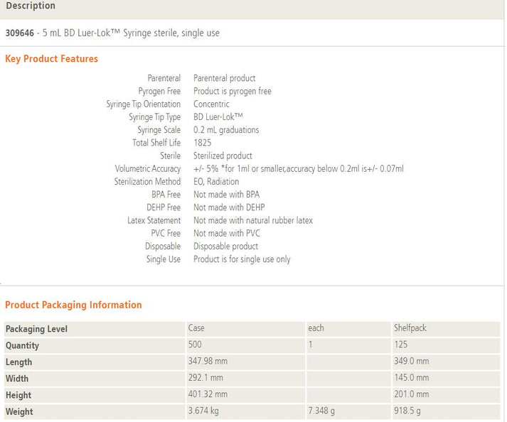 BD 309646 5 ml Luer Lock Tip Syringe - Delasco