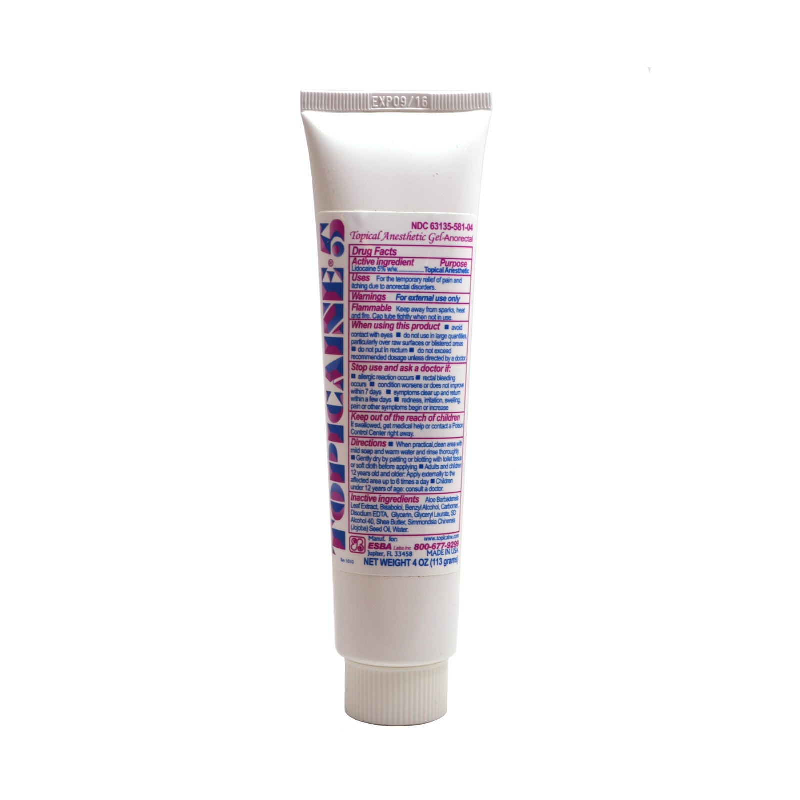 Topicaine TOP5-113-TCRC Lidocaine Gel, 5%, 113 gram tube - Delasco